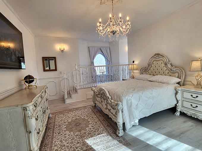 Sleeping in a room with crystal chandeliers and carved furniture beats your usual hotel experience by approximately one thousand percent.