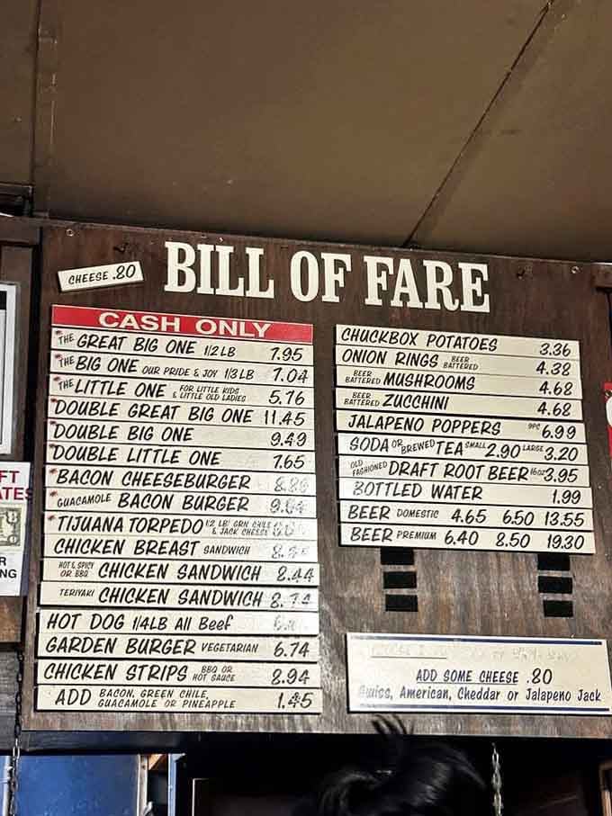 The "Bill of Fare" board tells you everything: cash only, straightforward options, and prices that won't require a second mortgage.