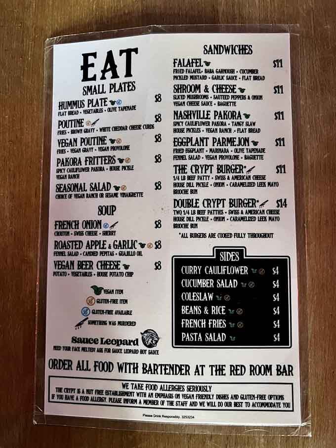 This menu proves that horror fans need sustenance too, offering everything from hummus to burgers with creative flair.