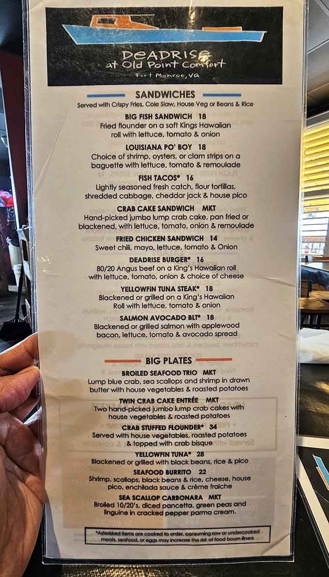 This menu reads like a love letter to the bay, offering everything from crab cakes to carbonara for seafood lovers.