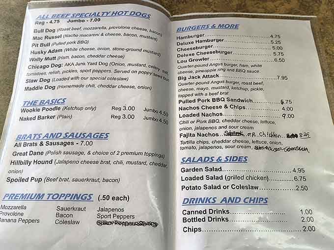 A menu that reads like a love letter to creative hot dog combinations, each one more tempting than the last.