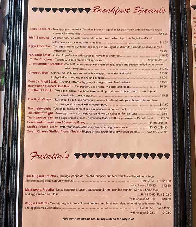 The Gem Diner's menu reveals breakfast specials with names like "Heart Attack" that don't mess around.