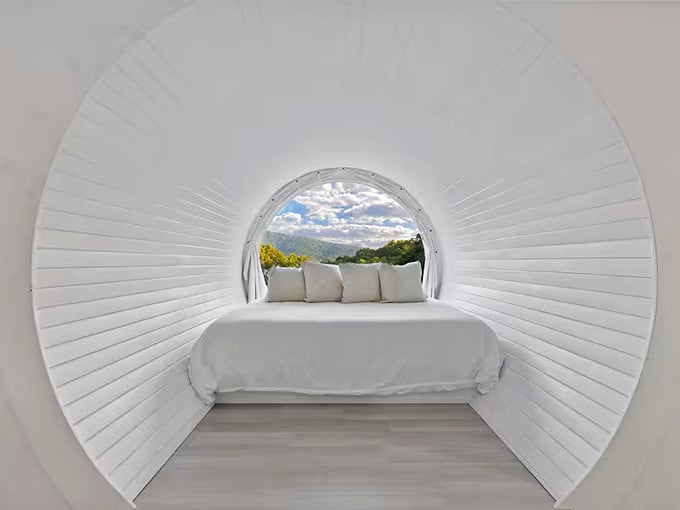 Sleep inside aperture blades that frame mountain views, because regular headboards are so last century, aren't they?