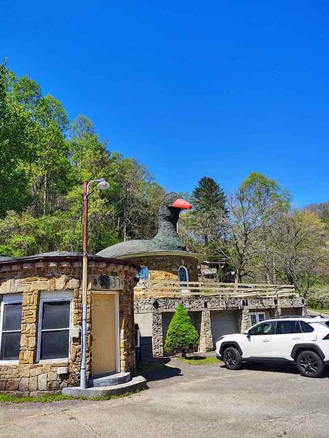 The stone craftsmanship here deserves respect, even if the giant waterfowl steals all the attention.