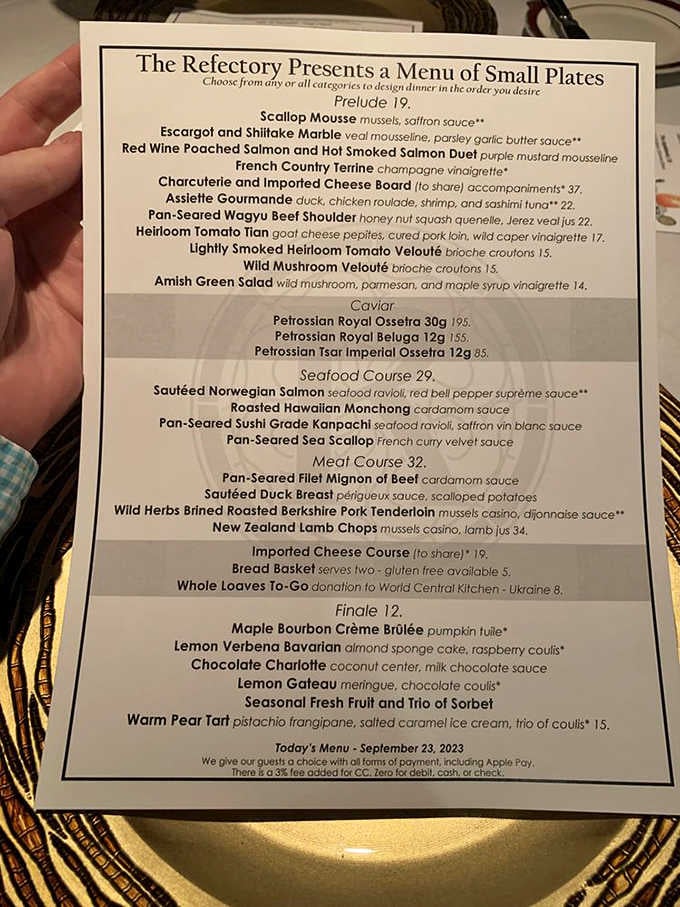 This menu reads like a love letter to French cuisine, offering everything from escargot to lamb chops with style.