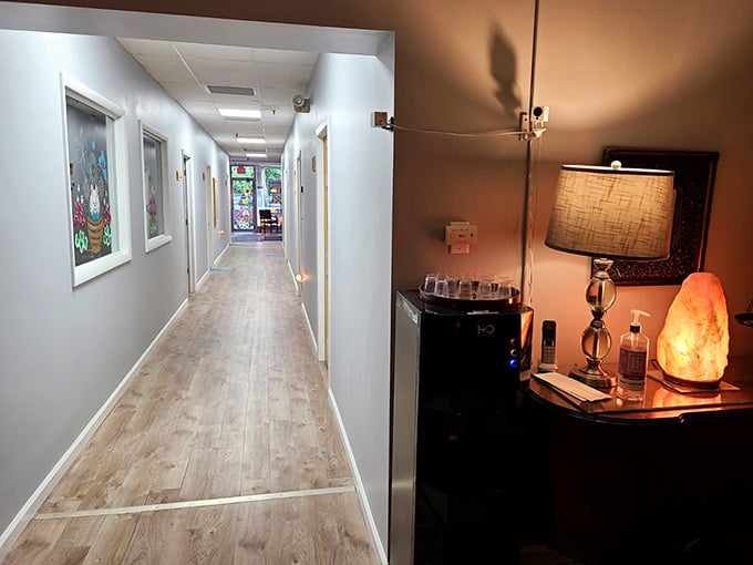 This hallway leads to tranquility, and those salt lamps aren't just for show, they're setting the mood perfectly.