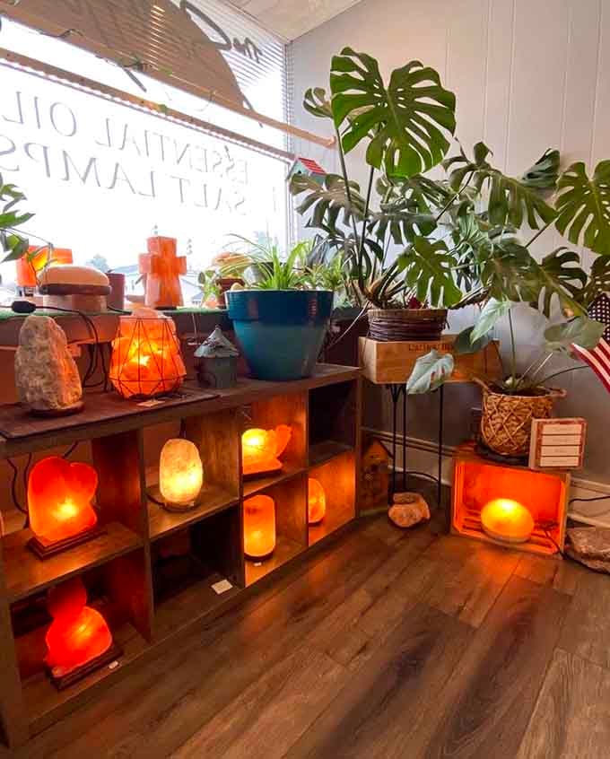 That collection of glowing salt lamps turns the retail space into a warm, inviting gallery of natural wellness treasures.