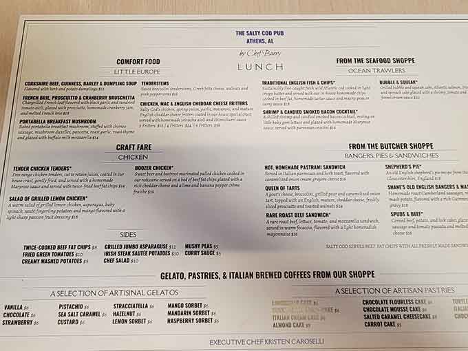 This menu reads like a transatlantic love letter, mixing British classics with American favorites and Italian sweet endings.