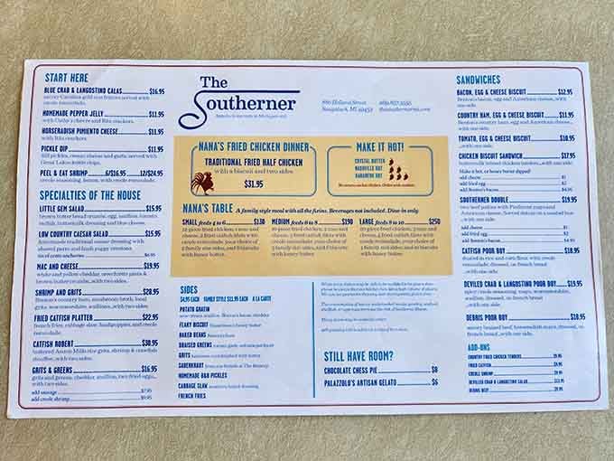 This menu reads like a greatest hits album of Southern cuisine, with fried chicken taking center stage.