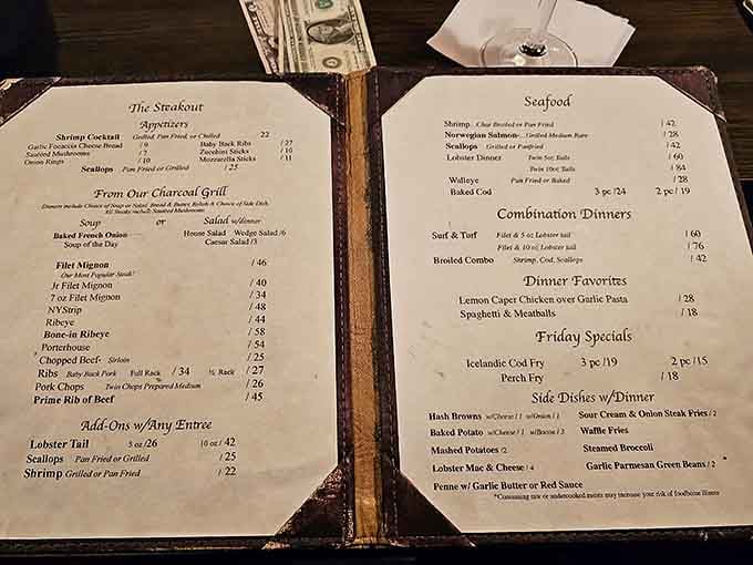 This menu reads like a love letter to carnivores, with enough seafood options to keep everyone happy.