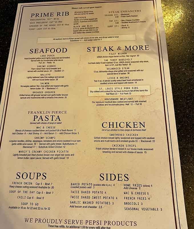 This menu reads like a love letter to beef, with prime rib taking center stage as it should.