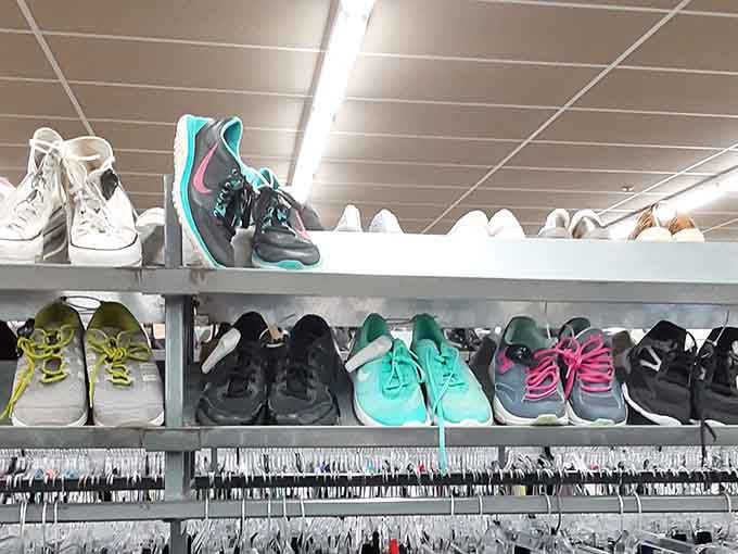 Athletic shoes lined up like colorful soldiers waiting to march you through your next treasure hunting expedition here.