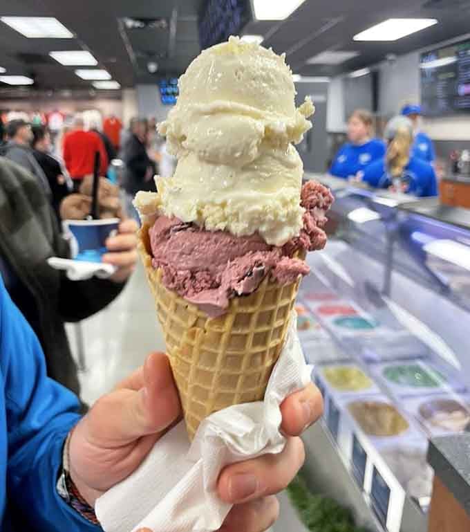 Black raspberry chocolate chunk stacked high on a waffle cone proves that some architectural wonders are meant to melt.