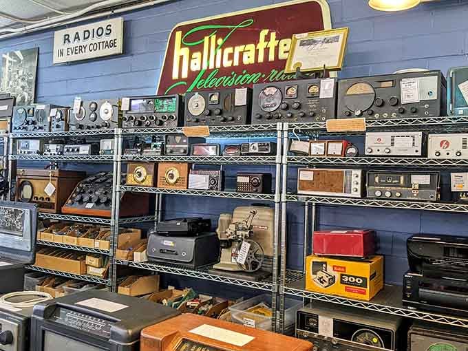 Vintage Hallicrafte radios lined up like electronic soldiers from your grandparents' golden age of broadcasting.