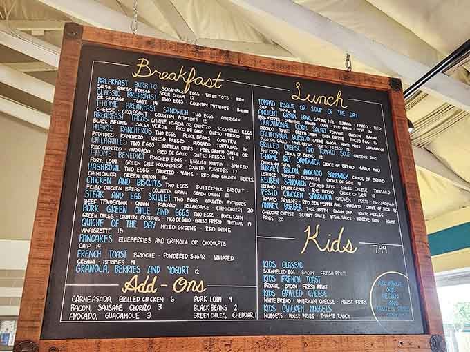 The chalkboard menu promises everything from pancakes to benedicts, decisions will be made, regrets won't.
