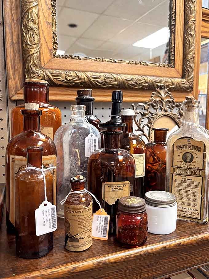 Vintage bottles lined up like soldiers from another era, each one telling stories your medicine cabinet never could.