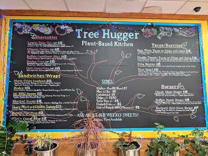 That hand-drawn menu board is your roadmap to plant-based bliss, featuring everything from tacos to burgers.