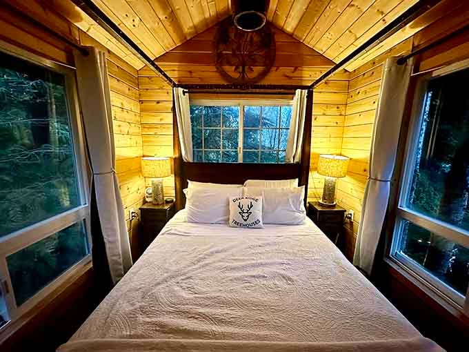 Wake up surrounded by windows and trees, like sleeping inside a very comfortable, very well-appointed birdhouse.