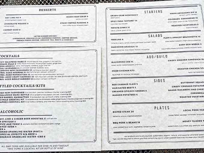 The menu reads like a greatest hits album of American comfort food, thoughtfully crafted for high-altitude dining excellence.