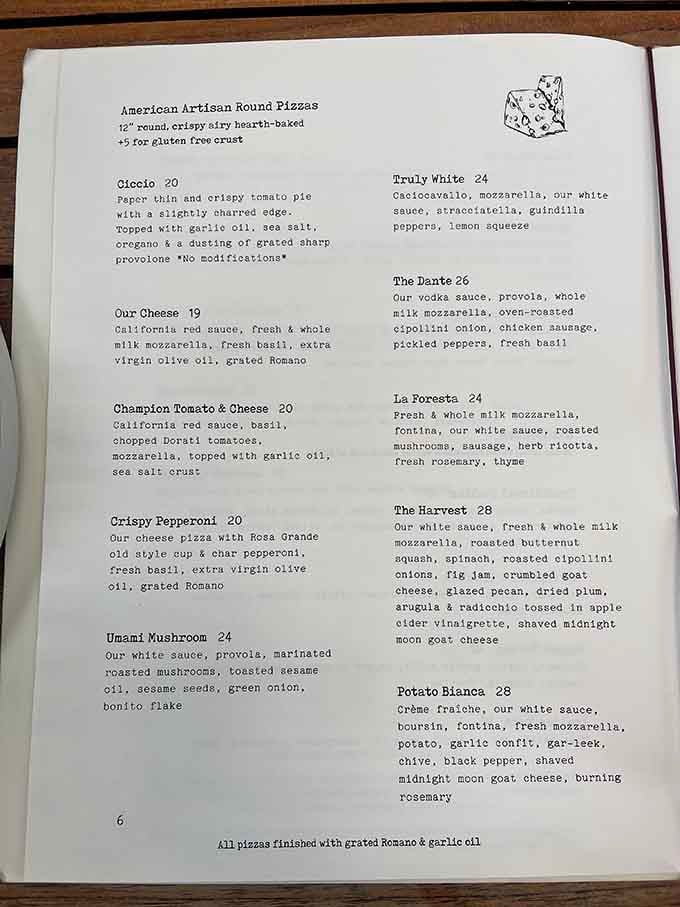 A menu that reads like poetry for pizza lovers, featuring creative combinations that respect tradition while embracing California innovation.
