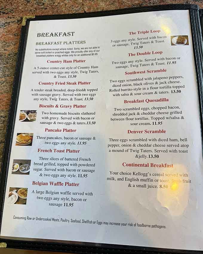 From Country Ham Platters to Belgian Waffles, this breakfast menu reads like a greatest hits album of morning classics.