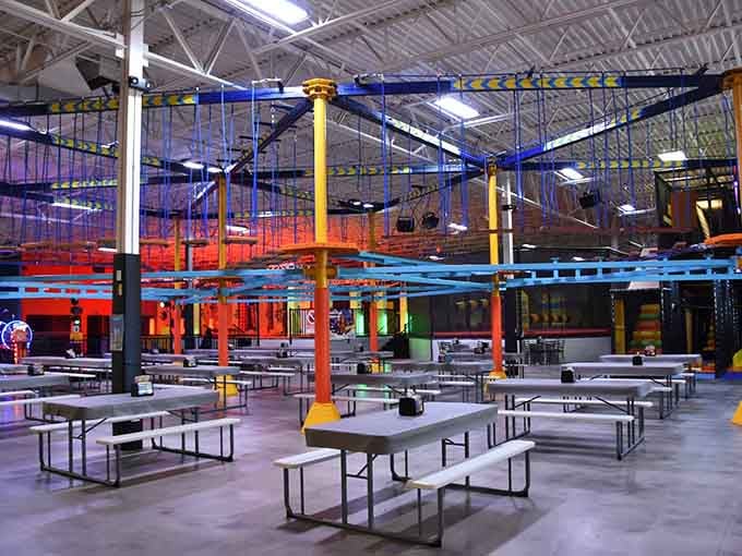 The seating area overlooks the action like stadium seating for the world's bounciest sporting event ever conceived.