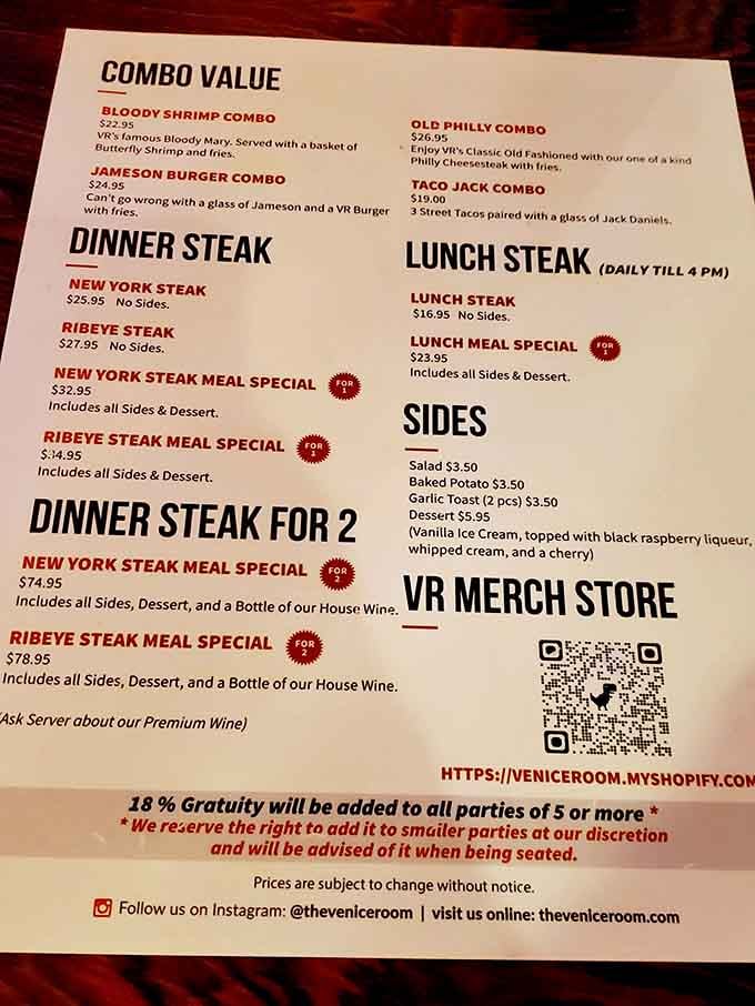The menu lays it all out: steaks, combos, and the delightful reality that you're about to become your own chef for the evening.