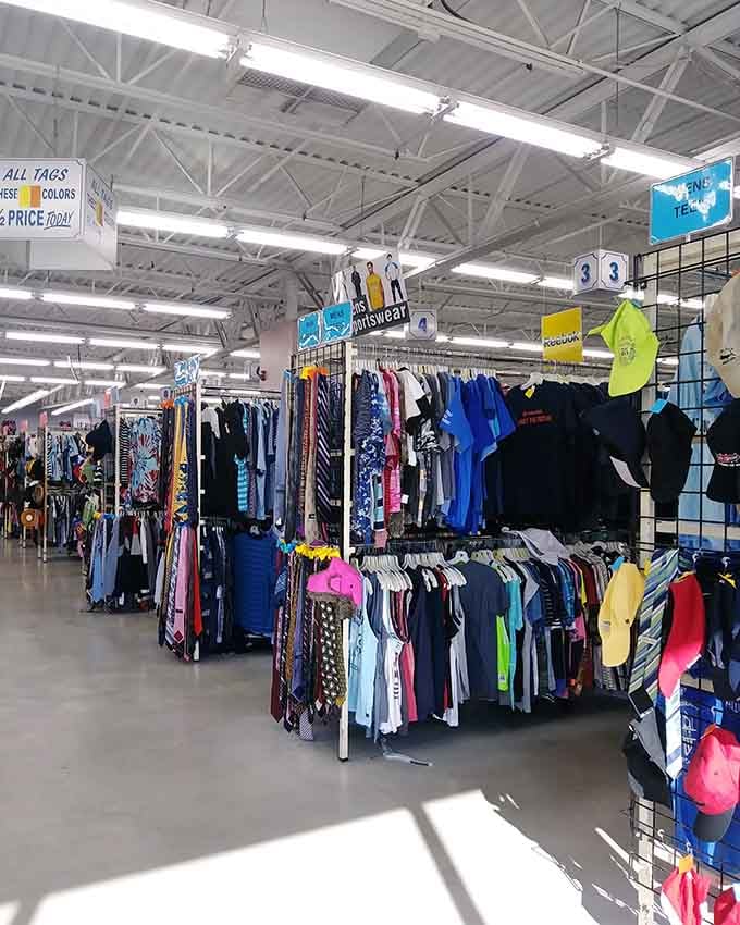 Rows of neatly arranged racks make browsing easy, turning thrift shopping into a relaxed and enjoyable hunt.