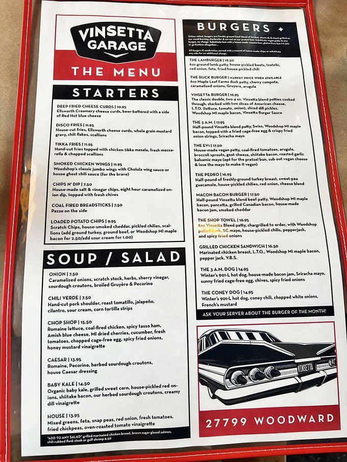 This menu proves that garage-themed restaurants can have sophisticated range alongside their comfort food classics.