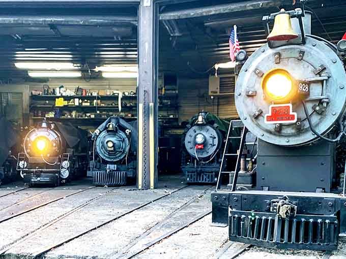Inside the engine house, a lineup of steam locomotives waits like eager performers ready for their curtain call.