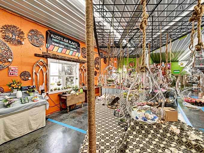 From rope-wrapped columns to hanging glass terrariums, this corner proves that "eclectic" is an understatement here.