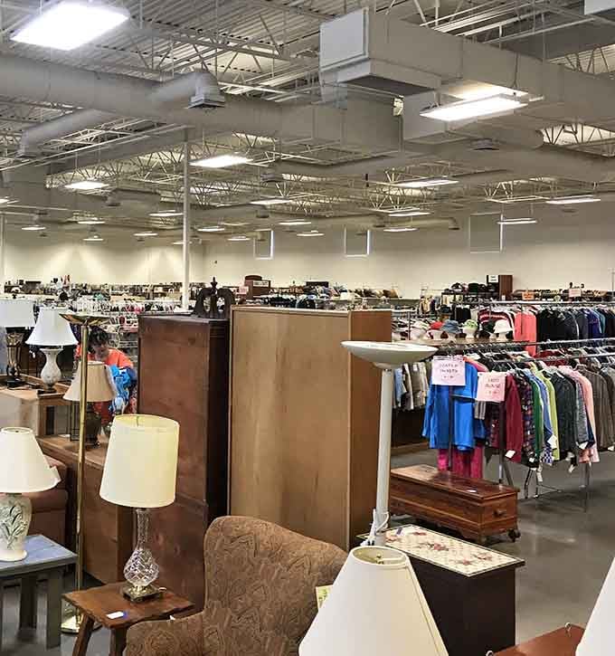 Furniture and lamps create a maze where getting lost is half the fun and finding treasures is the other half.