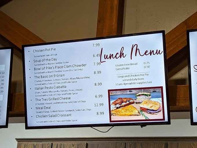 The menu board promises comfort in every bite, from hearty pot pies to soul-warming soups.