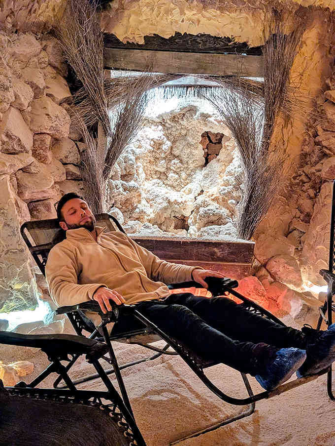 This gentleman has discovered the secret to looking completely zen while sitting in a room made of salt.