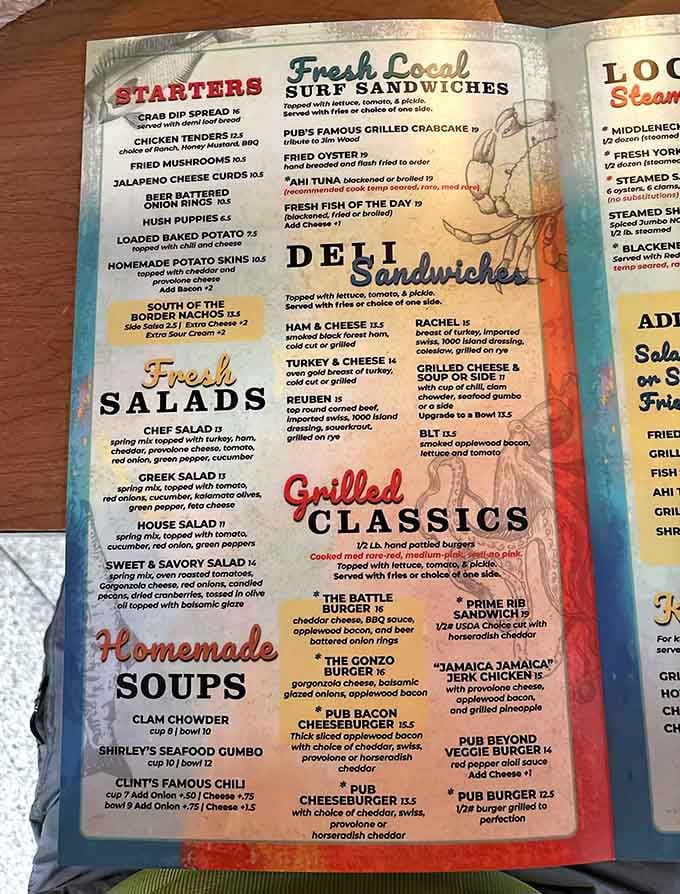 When a menu lists "Pub's Famous Grilled Crabcake" in bold letters, you know they're not messing around here.