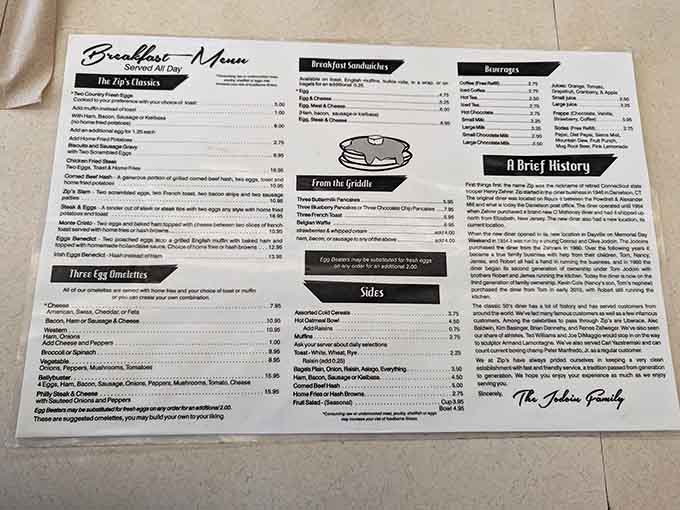 The menu tells stories between the lines, offering everything from three-egg omelets to belly-busting benedicts.