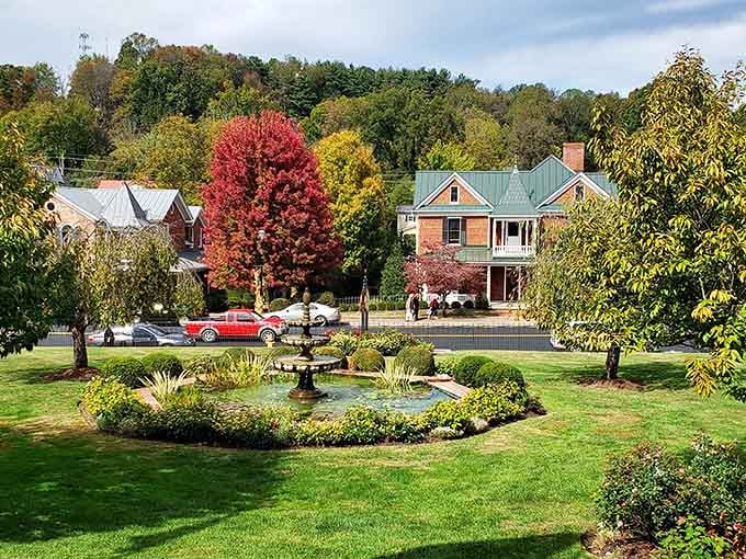 Autumn paints this charming town square in colors that make even the fountain look ready for fall.