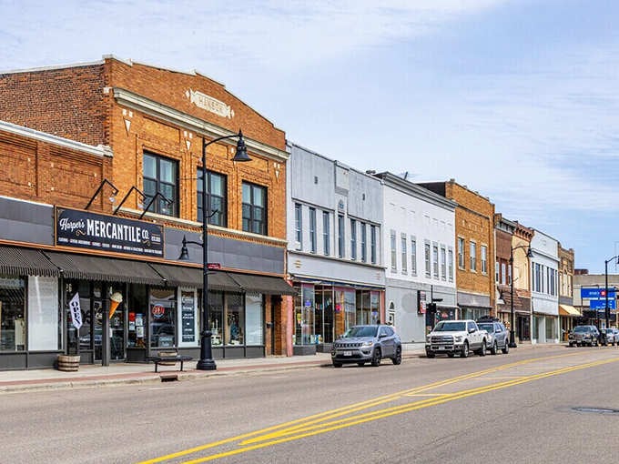 Historic mercantile buildings stand proud along this charming main street that's seen decades of community life.