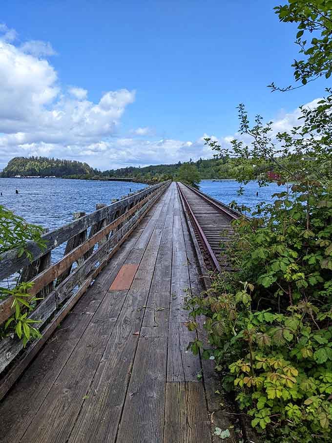 Walking this weathered railroad trestle over the Columbia River feels like stepping into a scene from Stand By Me.