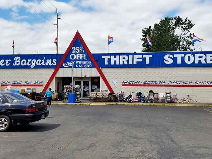 That distinctive red triangle entrance is like a beacon calling bargain hunters to come explore what's waiting inside.