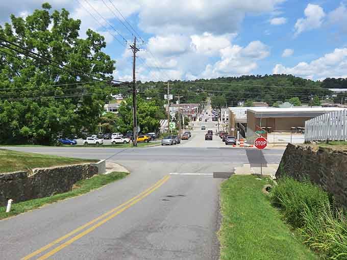 Mountain towns know the secret: brick buildings, green trees, and motorcycles make perfect Saturday morning scenes.