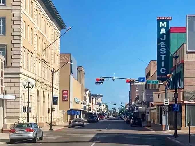 That vintage Majestic sign towers over downtown like a beacon from Hollywood's heyday, reminding everyone that entertainment matters in this town.