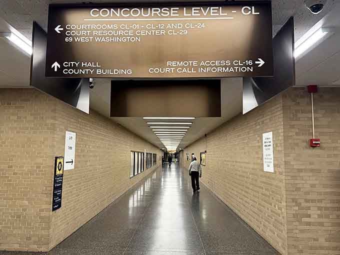 The Pedway's clean corridors stretch beneath downtown streets, offering climate-controlled passage through Chicago's bustling underground network of connections.