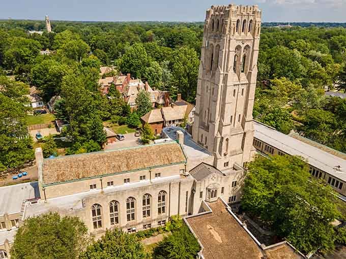 This stunning tower rises from the trees like something out of a storybook, adding unexpected grandeur to the landscape.
