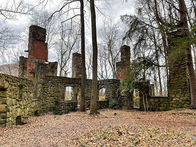 Stone chimneys standing tall among bare trees whisper stories of elegant parties and champagne toasts from another era.