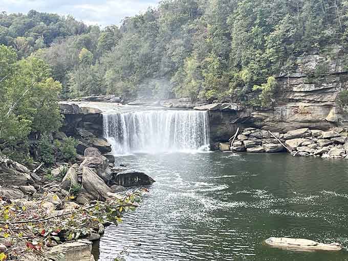 Water cascades over ancient rock in a thunderous display that makes Niagara's little cousin look pretty darn impressive, honestly.