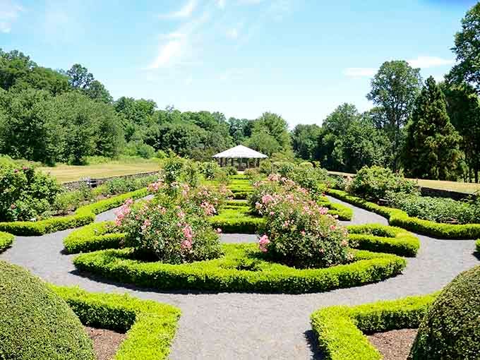 Formal hedges curve in perfect symmetry, looking like someone used a giant compass to design this green masterpiece.
