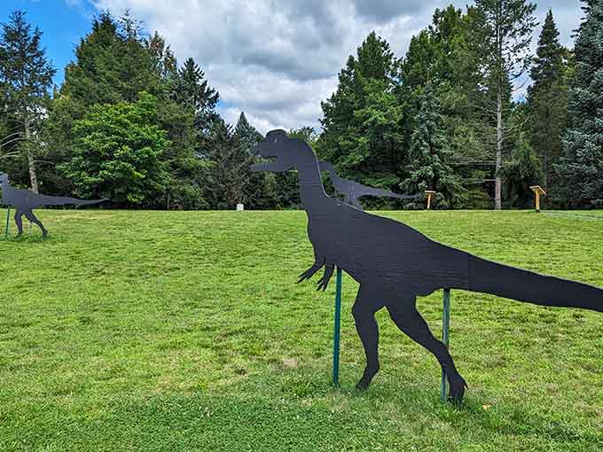 Welcome to Jurassic Park, Connecticut style, where metal dinosaurs roam freely across emerald green lawns.