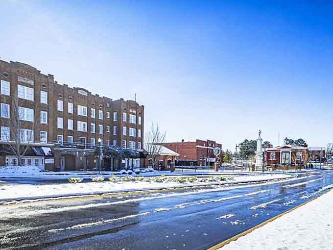 Snow dusting historic buildings transforms this Southern town into a Currier and Ives print you can actually walk through.