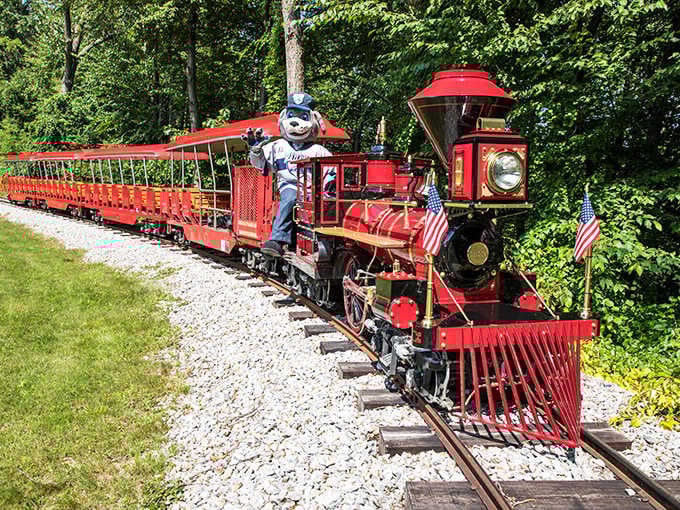 Bright red and gleaming like Dorothy's slippers, this miniature locomotive proves good things come in smaller packages.